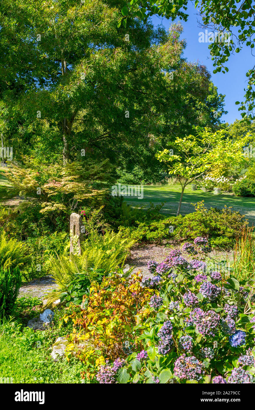 Colourful foliage and flowering shrubs and trees planted around an old ...