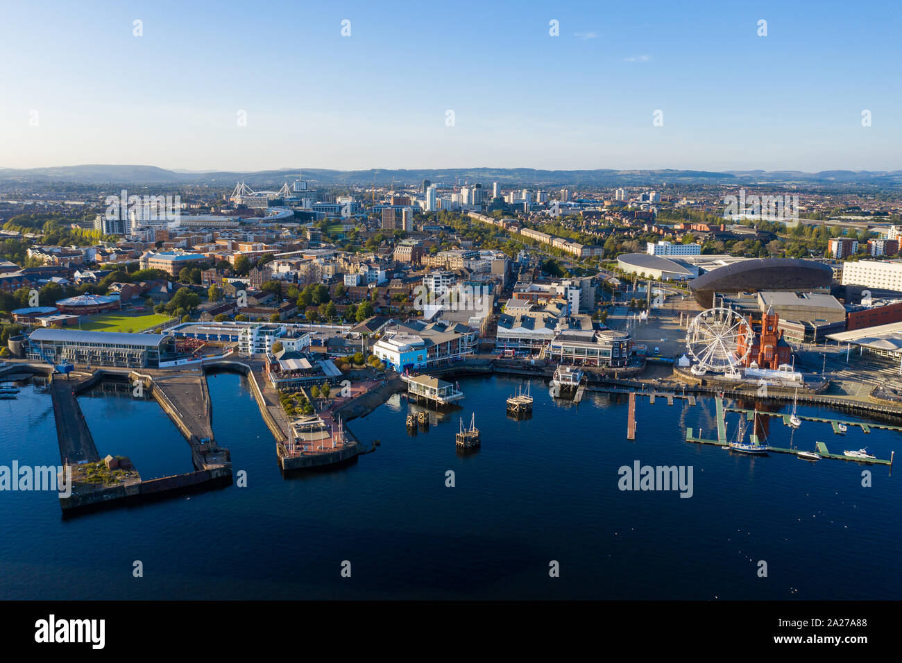 Aerial view of Cardiff Bay, the Capital of Wales, UK 2019 on a clear ...