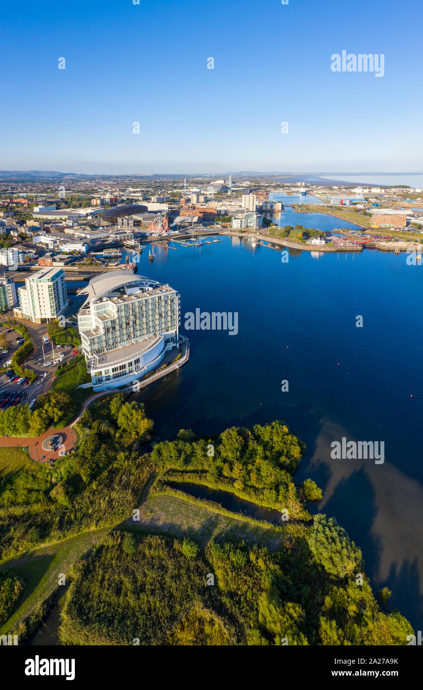 Aerial view of Cardiff Bay, the Capital of Wales, UK 2019 on a clear ...