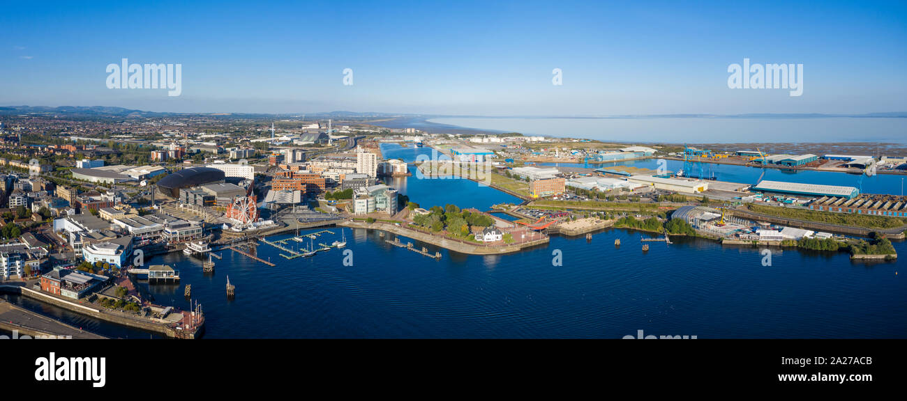 Aerial view of Cardiff Bay, the Capital of Wales, UK 2019 on a clear ...
