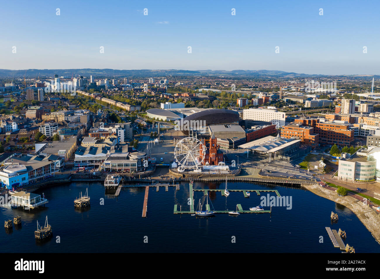 Aerial view of Cardiff Bay, the Capital of Wales, UK 2019 on a clear ...
