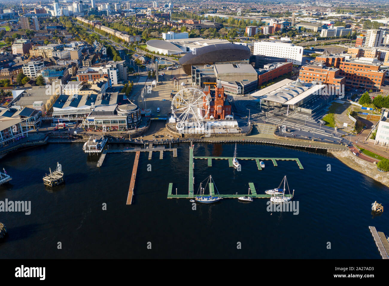 Aerial view of Cardiff Bay, the Capital of Wales, UK 2019 on a clear ...