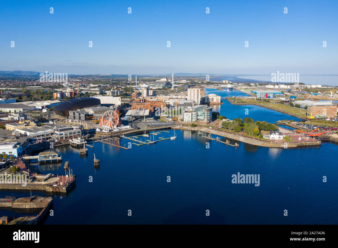 Aerial view of Cardiff Bay, the Capital of Wales, UK 2019 on a clear ...