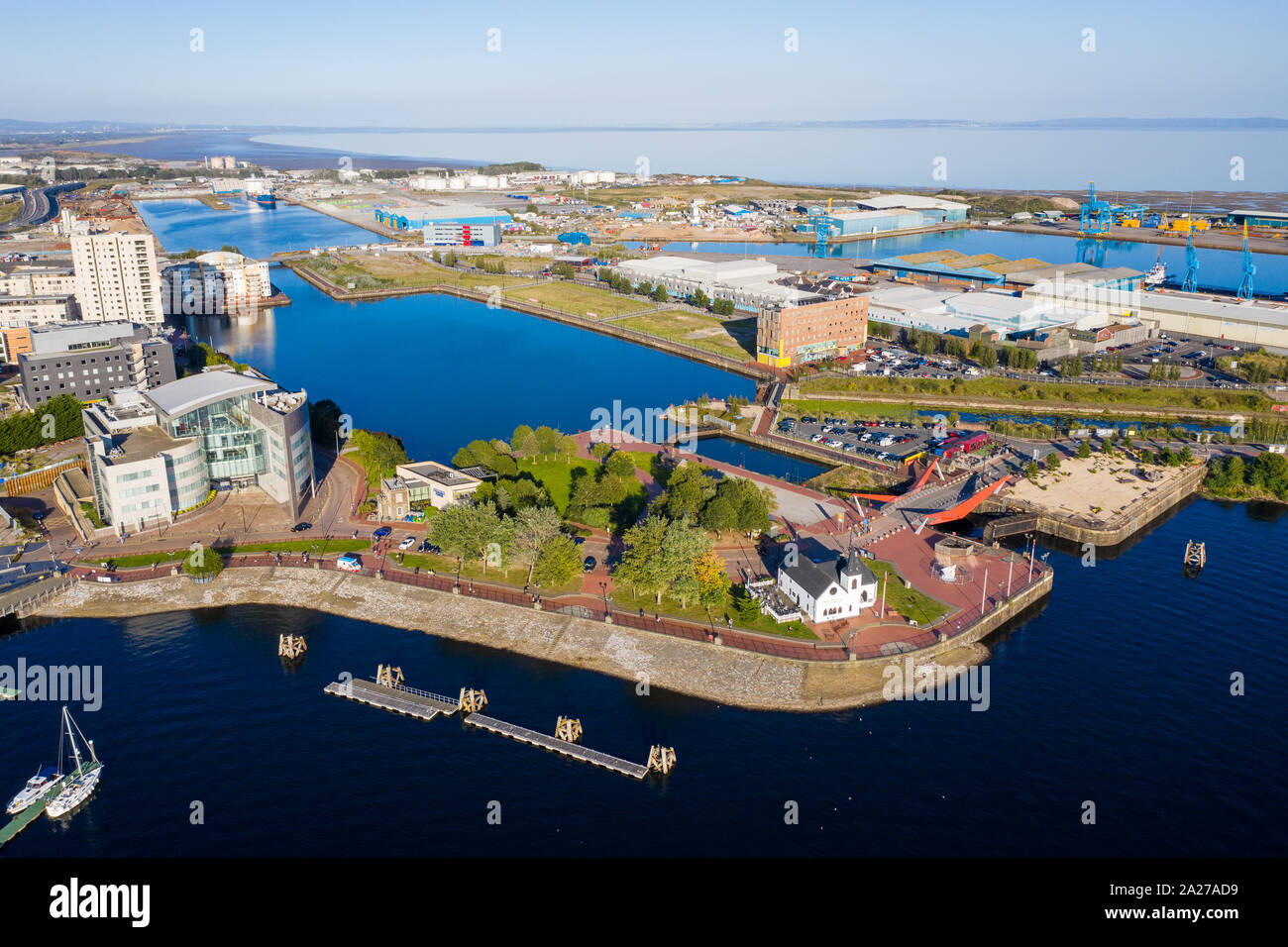 Aerial view of Cardiff Bay, the Capital of Wales, UK 2019 on a clear ...