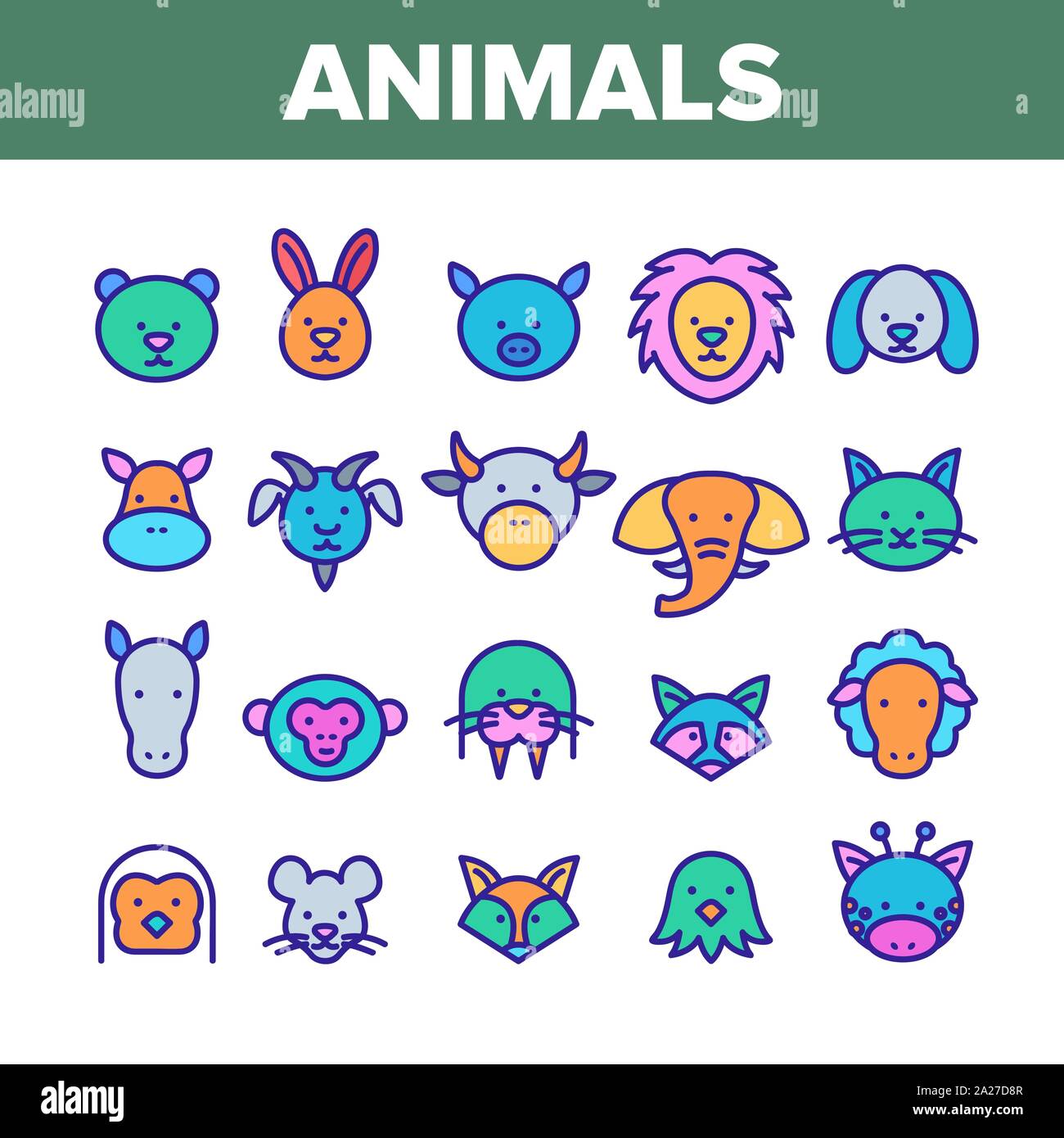 Animals Collection Wild And Farm Icons Color Set Vector Stock Vector ...