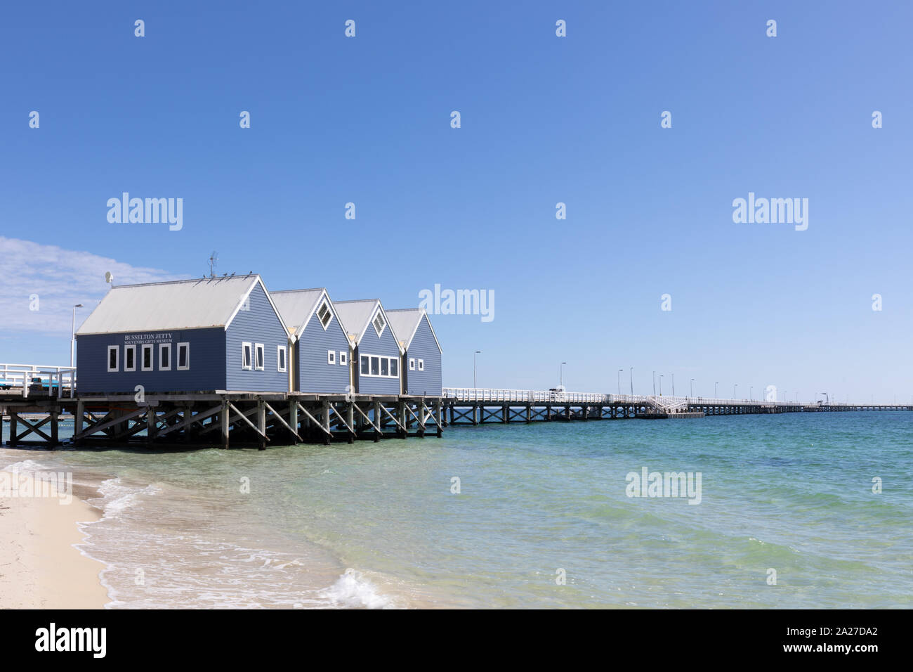 Boat Sheds on Busselton Jetty in Busselton, WA. Busselton Jetty is the ...