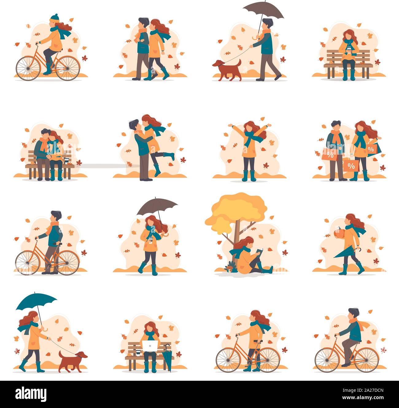 People doing different outdoor activities in autumn. Vector ...