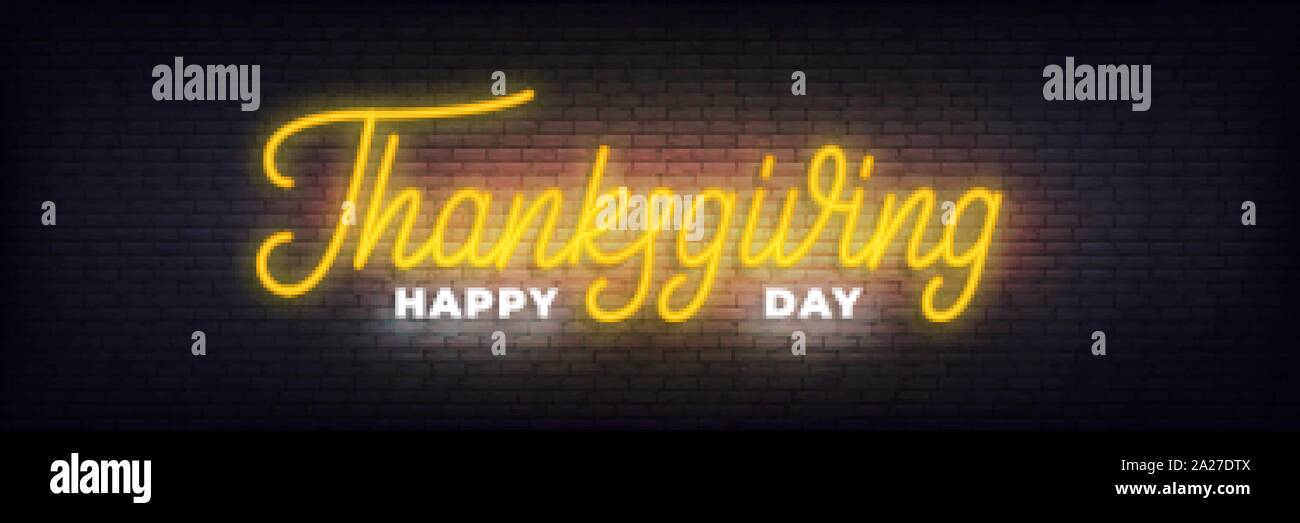 Happy Thanksgiving Day neon. Glowing lettering sign for Thanksgiving ...