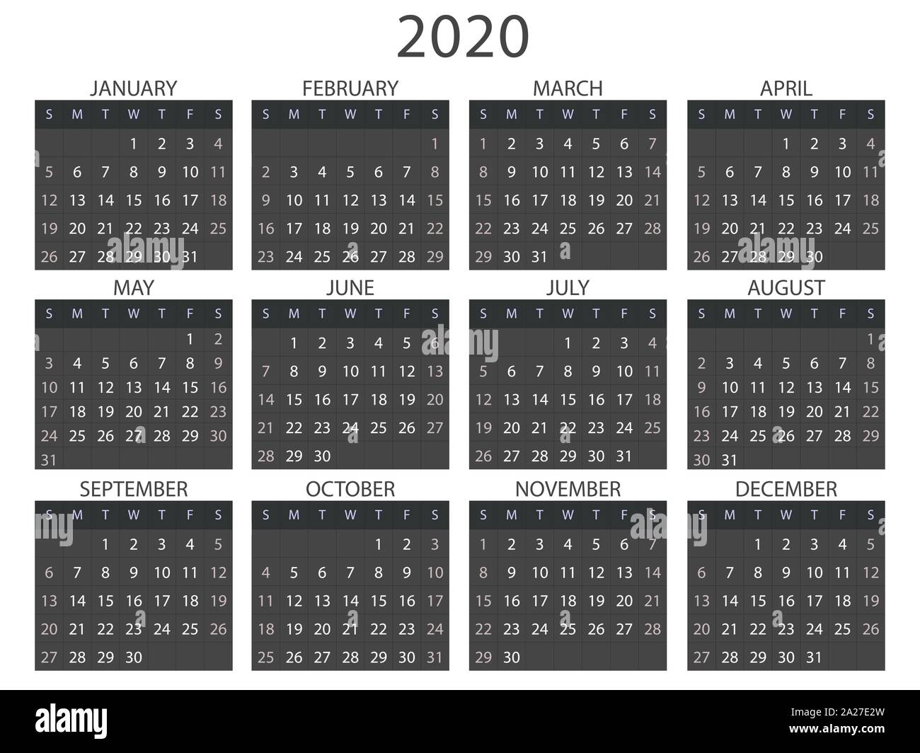 Simple calendar Layout for 2020. Week starts from Sunday, business ...