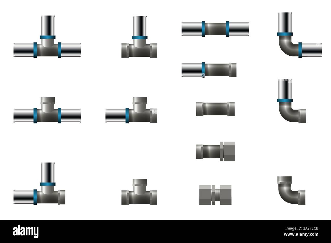 Fittings for polypropylene pipe. Vector illustration. Set of tee, angle ...