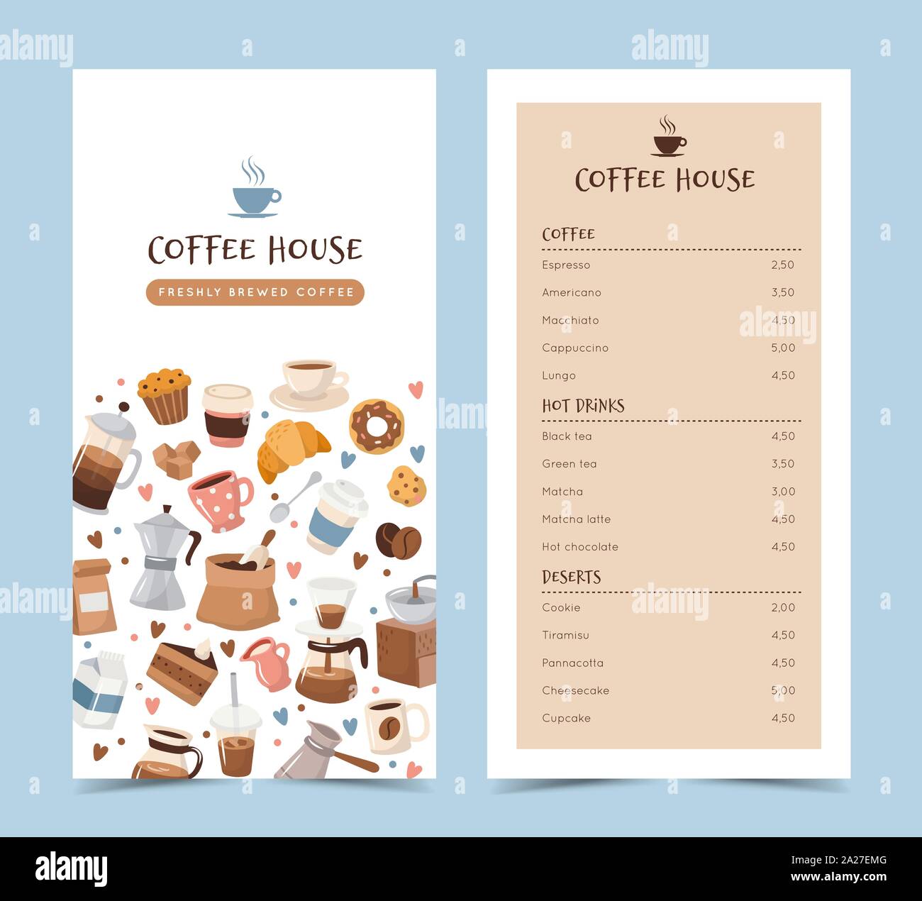 Coffee menu template with different coffee elements. Cute cartoon icons ...