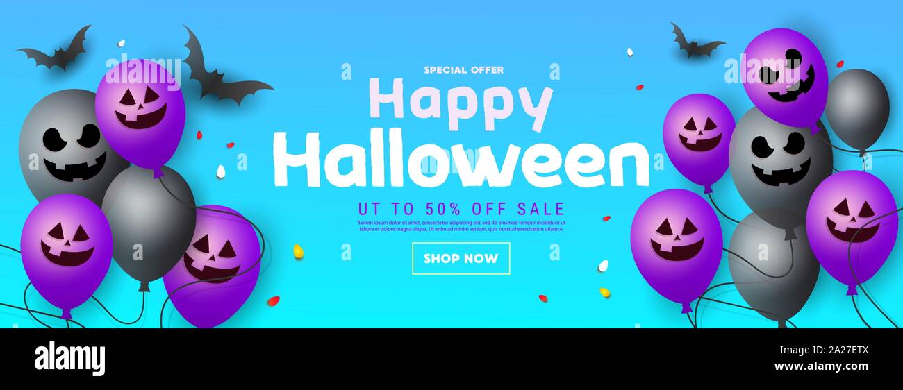 Happy Halloween banner with scary face balloons, gold coins, bats and ...