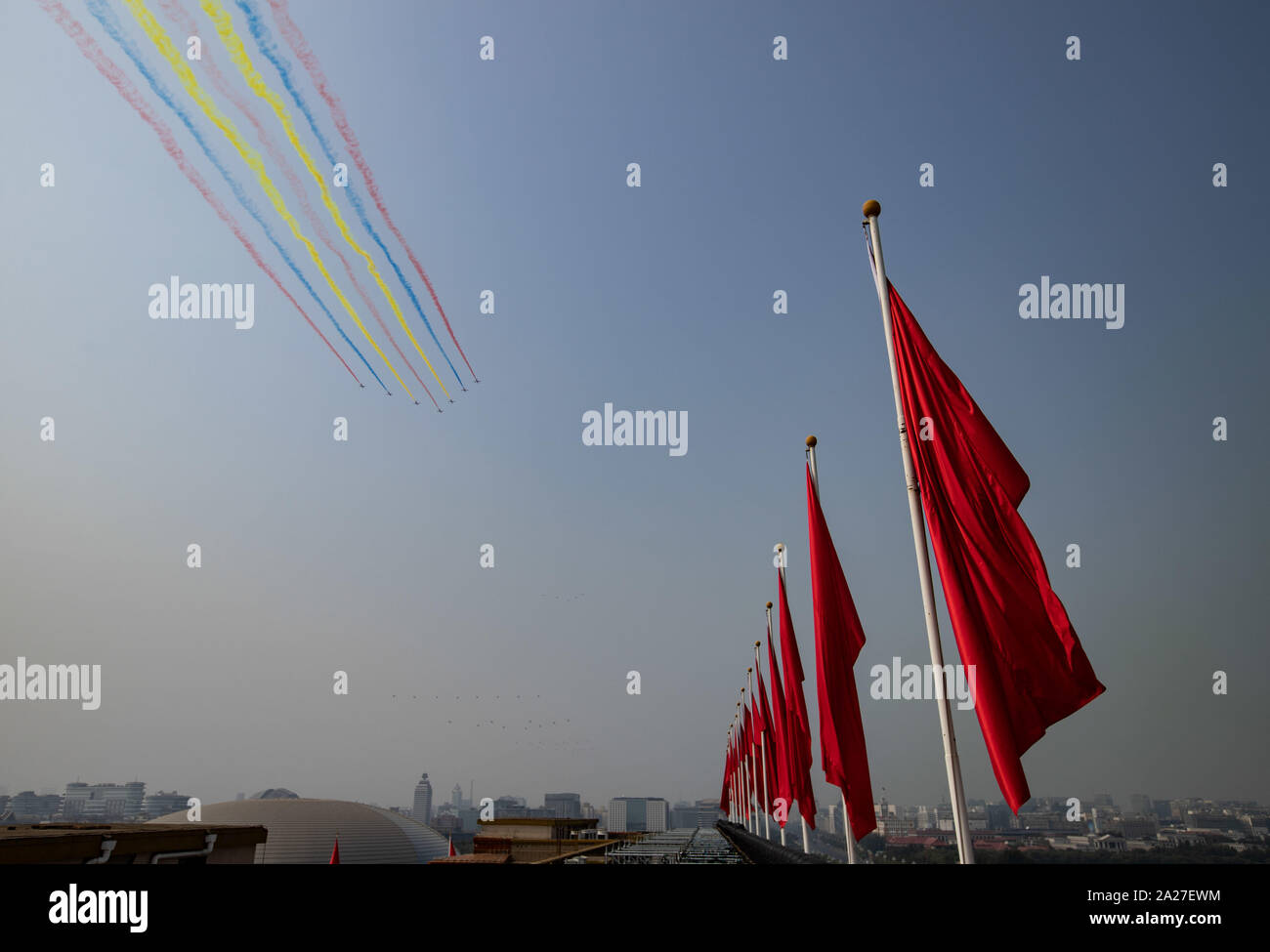 Beijing, China. 1st Oct, 2019. An echelon of trainer aircraft takes ...