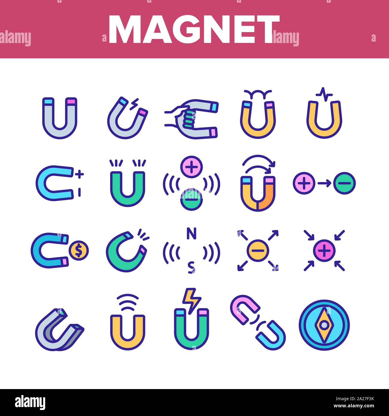 Magnet Power Collection Elements Icons Set Vector Stock Vector Image