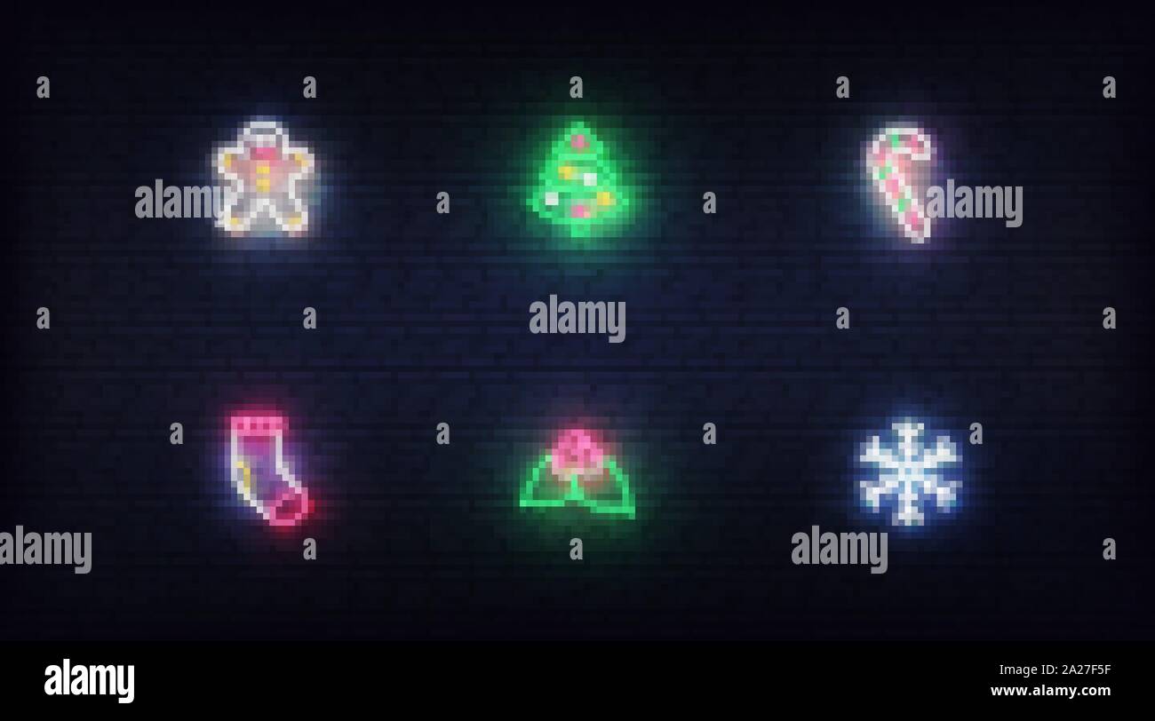 Christmas neon icons. Vector glowing neon colorful symbols for Xmas and ...
