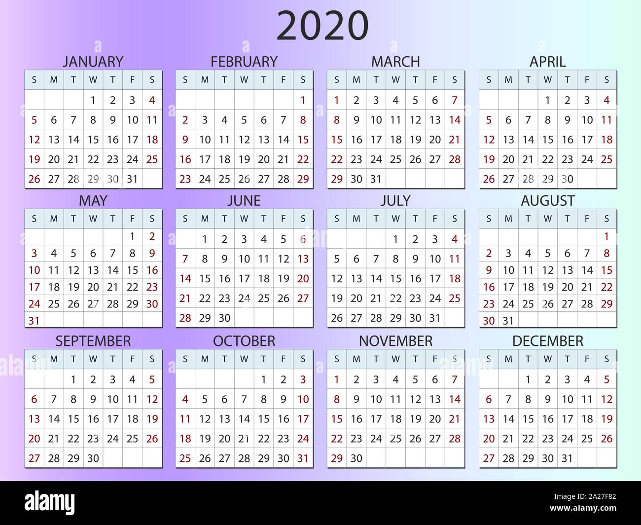 Simple calendar Layout for 2020. Week starts from Sunday, business ...