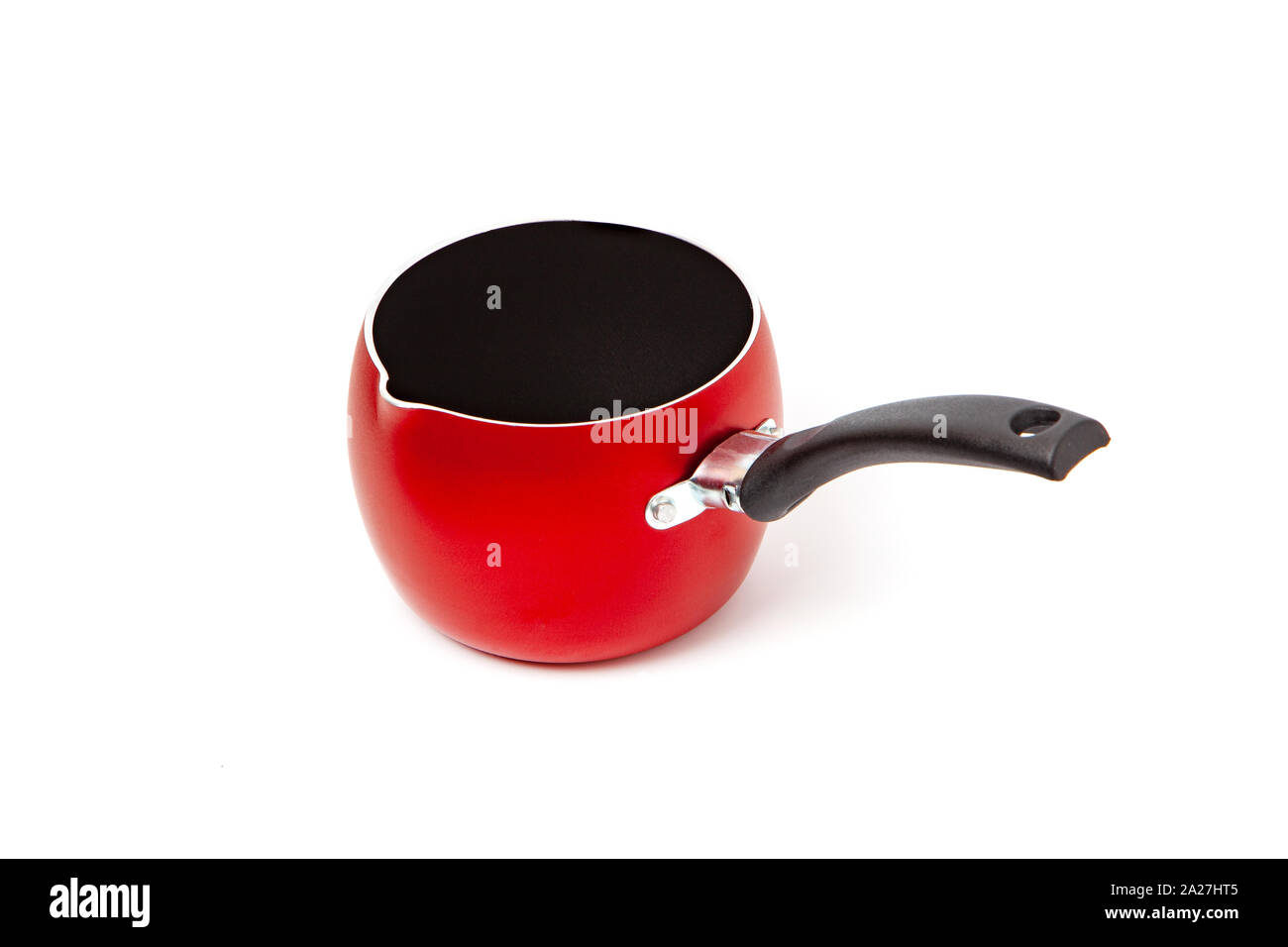 Empty Non-stick red Cooking Pot or Saucepan hat with a long handle ...