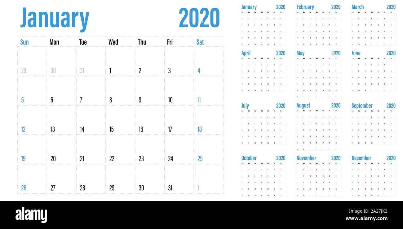 Calendar planner 2020 template vector illustration all 12 months week ...