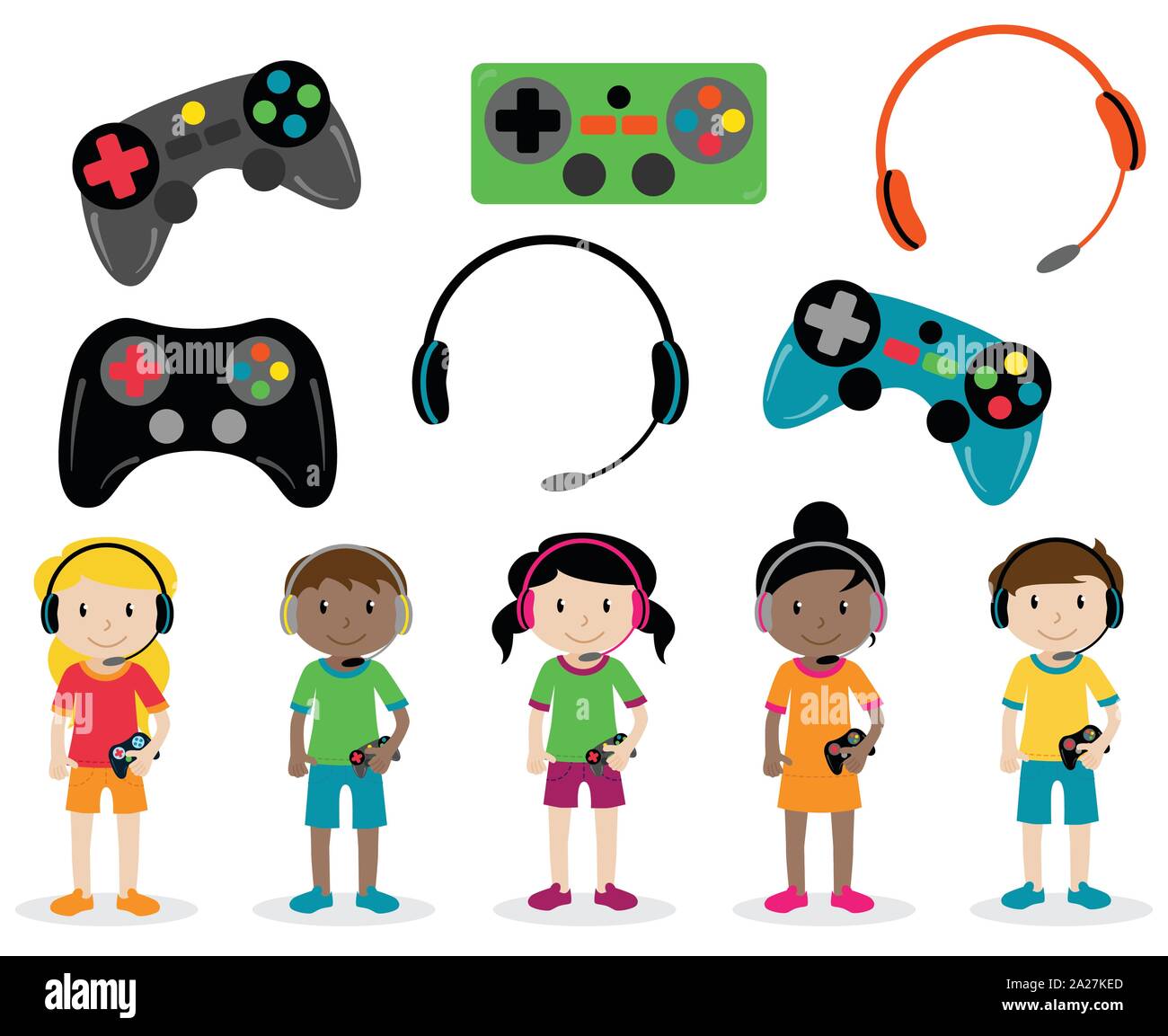 Vector Set of Gamer Themed Controllers and Headphones and Gamer Kids ...