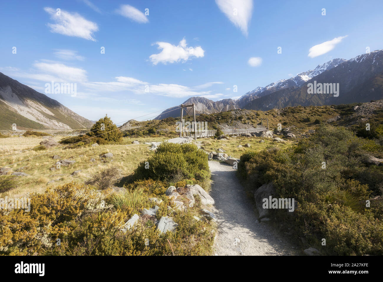 Suspension bridge on Hooker Valley track in Mt Cook National Park, New ...