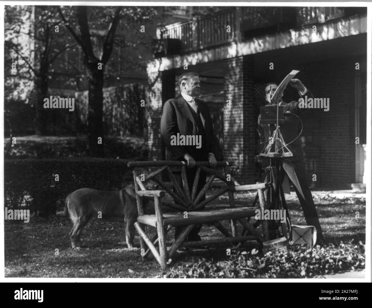 President Herbert Hoover posed outdoors for talking motion picture ...