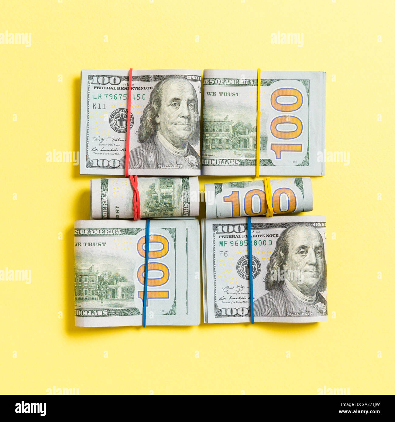 US Dollar bills bundles stack. one hundred dollar bills with stack of ...