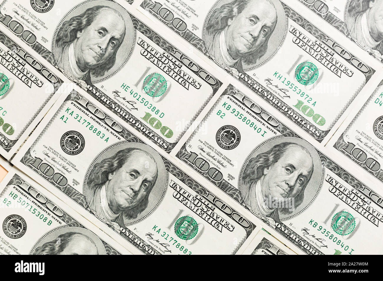 Close up of 100 dollar bills as a background. Amarican dollars pattern ...