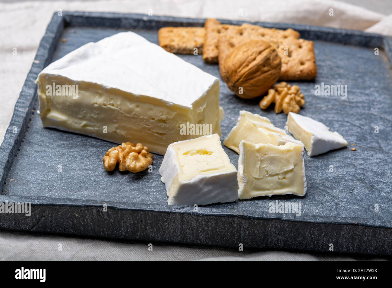 Cheese collection, piece of French brie cheese with white mold close up ...