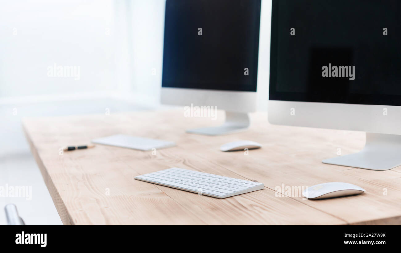 background image of personal computers on the office Desk Stock Photo ...