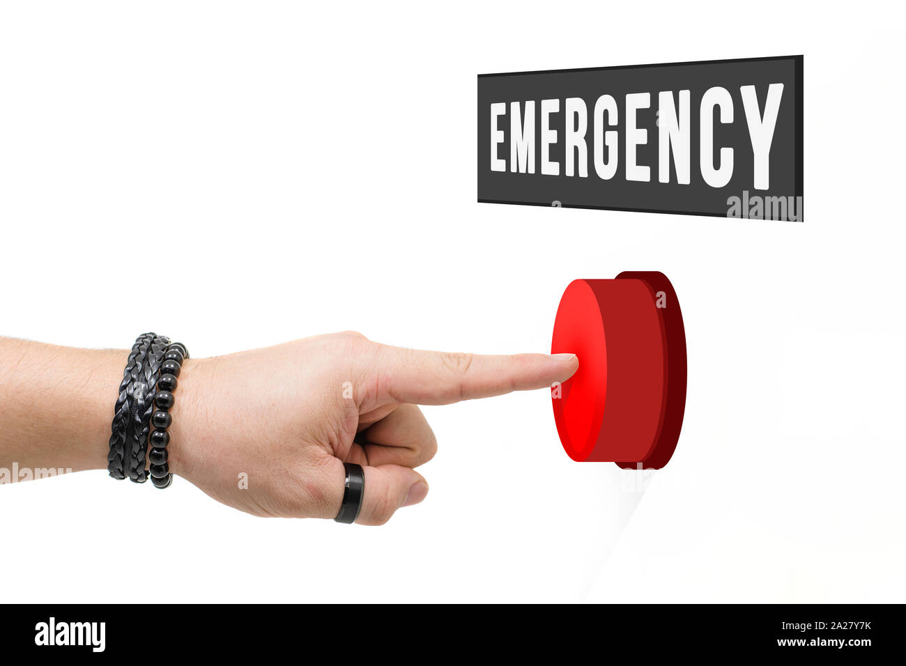 Finger pressing a red button. Press the emergency button. White ...