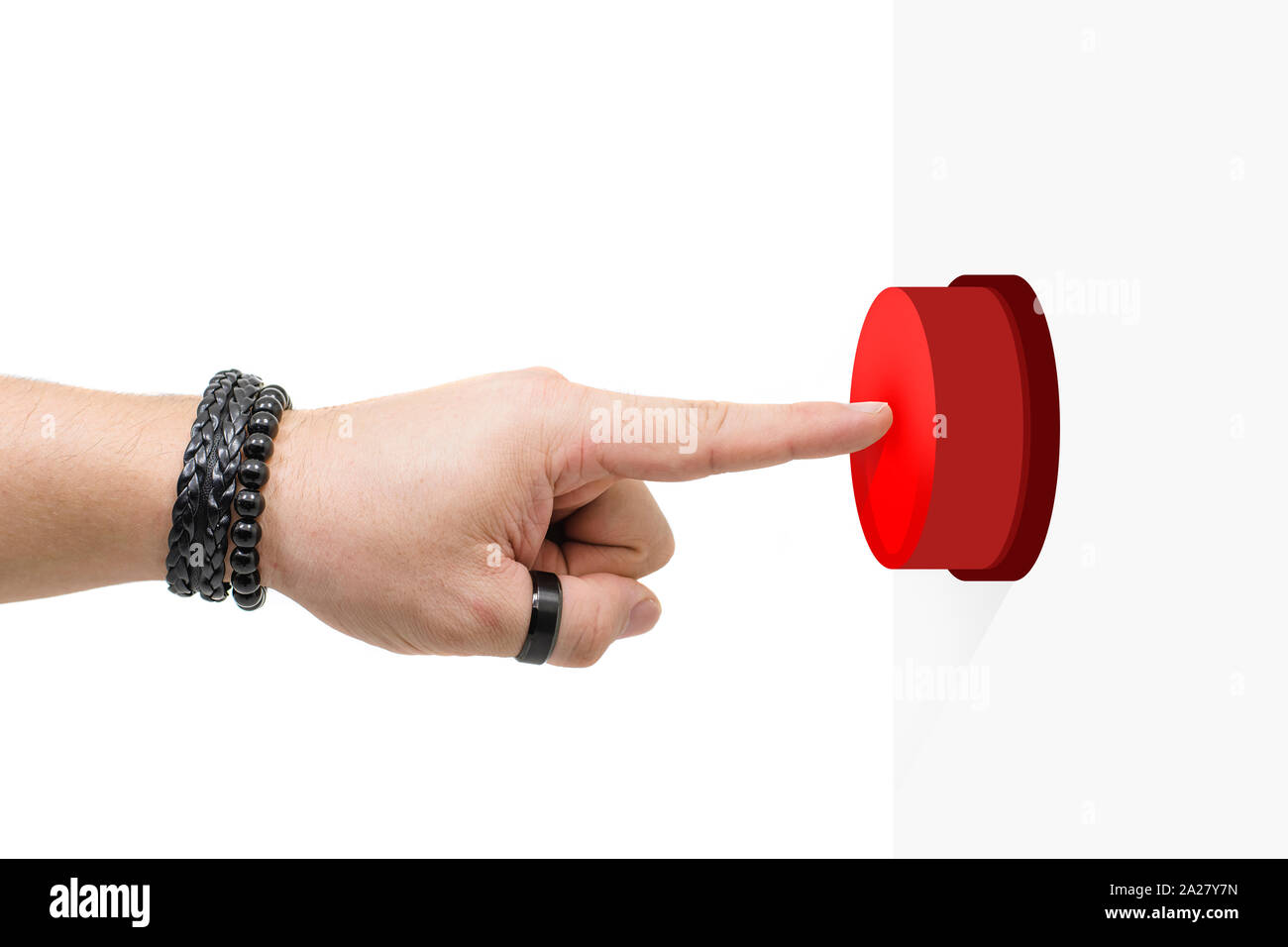Finger pressing a red button. Press the emergency button. White ...