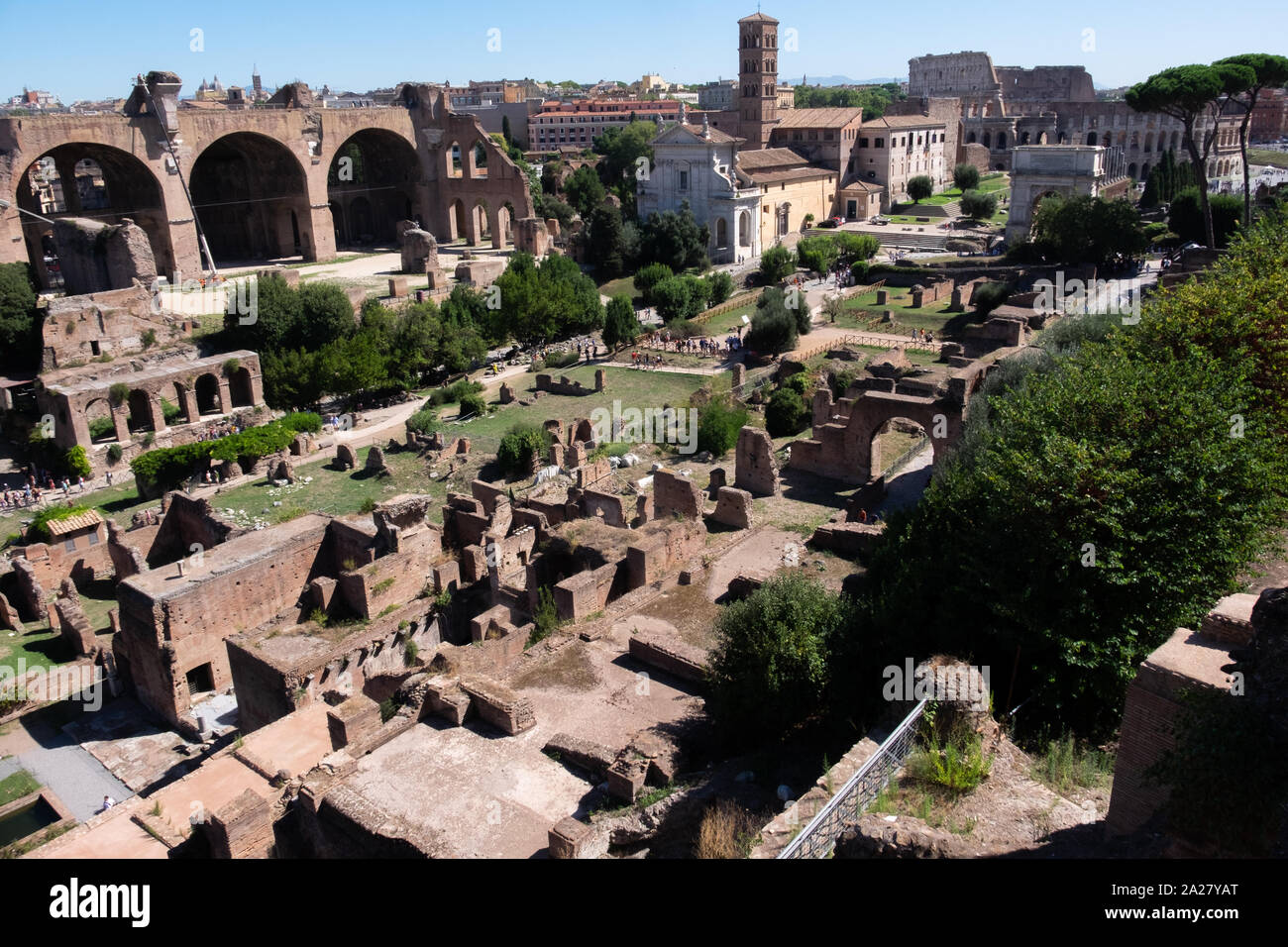 Wide views of the ancient roman ruins known as the Roman Forum in Rome ...