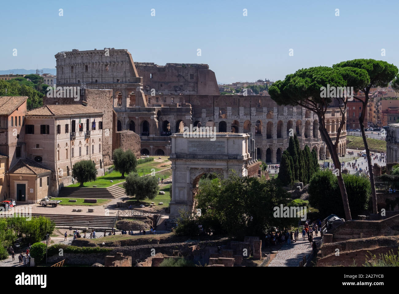 Wide views of the ancient roman ruins known as the Roman Forum in Rome ...