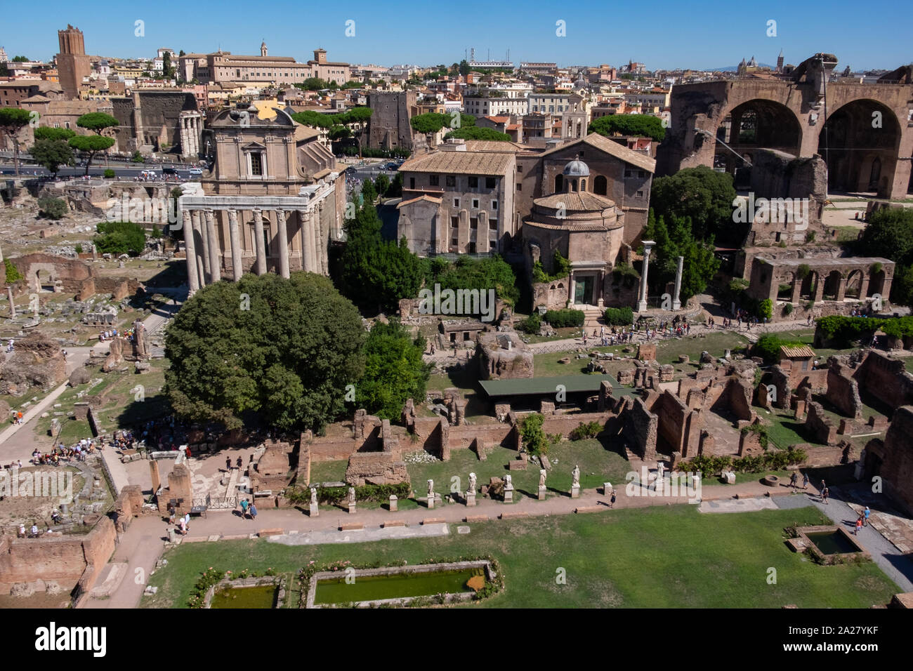 Wide views of the ancient roman ruins known as the Roman Forum in Rome ...