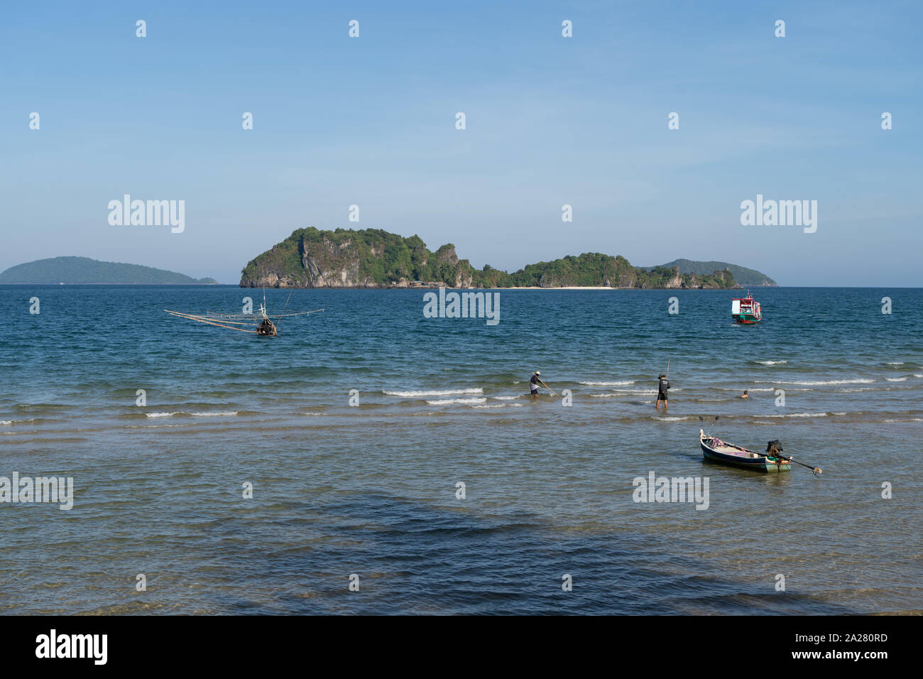 The beautiful landscape of fishing boat floating on sea,thailand Stock ...