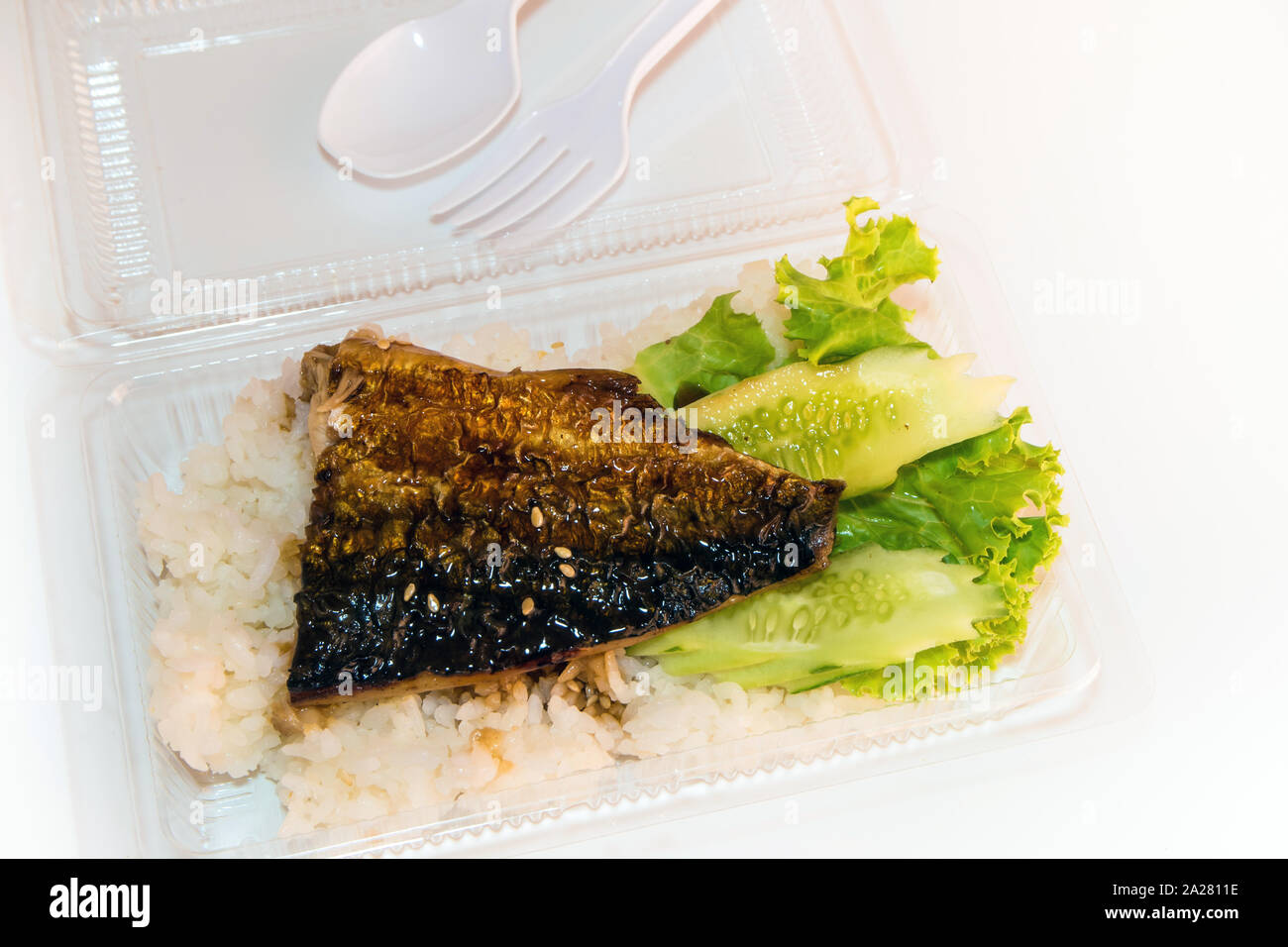 Food in plastic box, Grill fish with rice and vetgetable Stock Photo ...