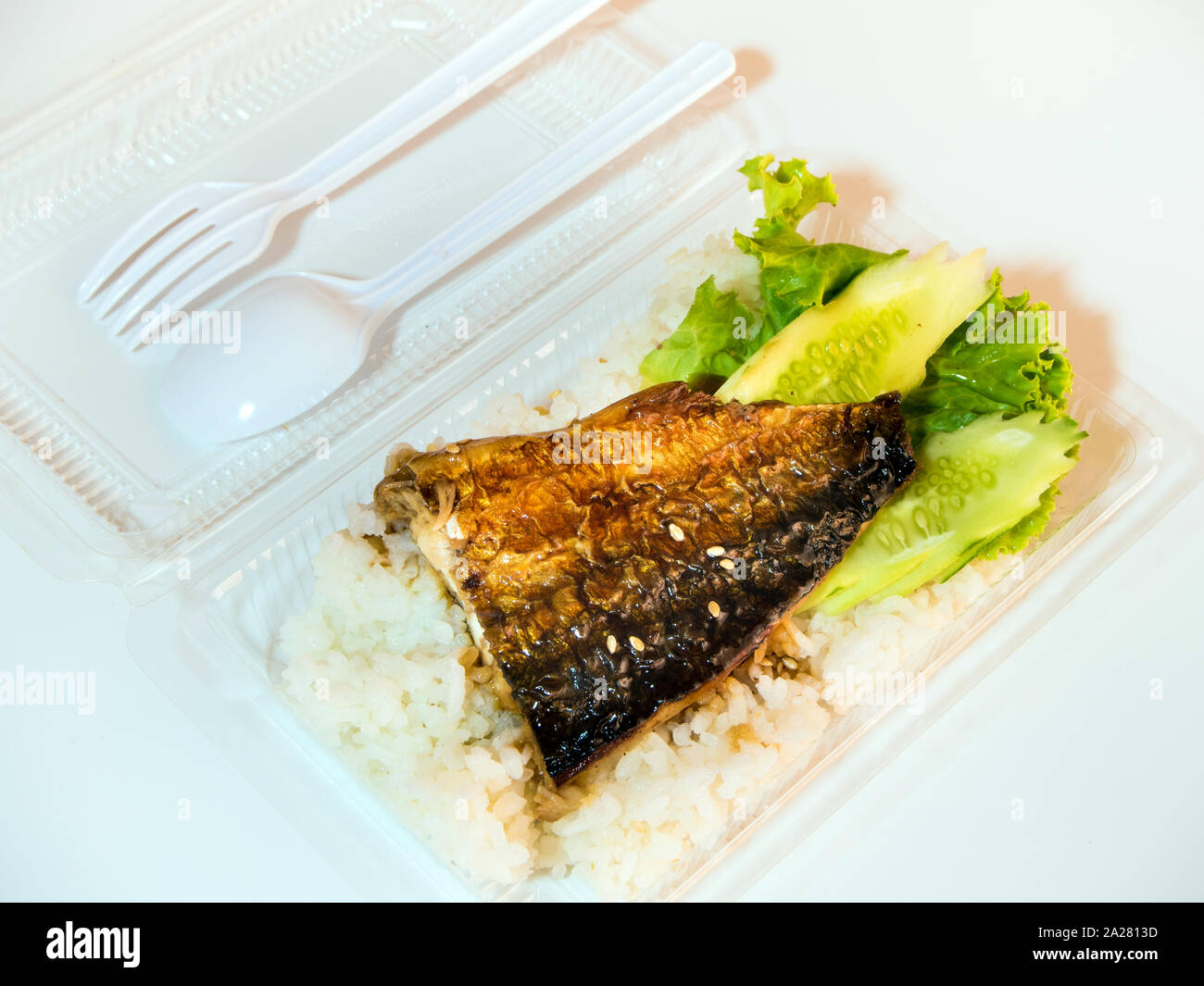 Food in plastic box, Grill fish with rice and vetgetable Stock Photo ...