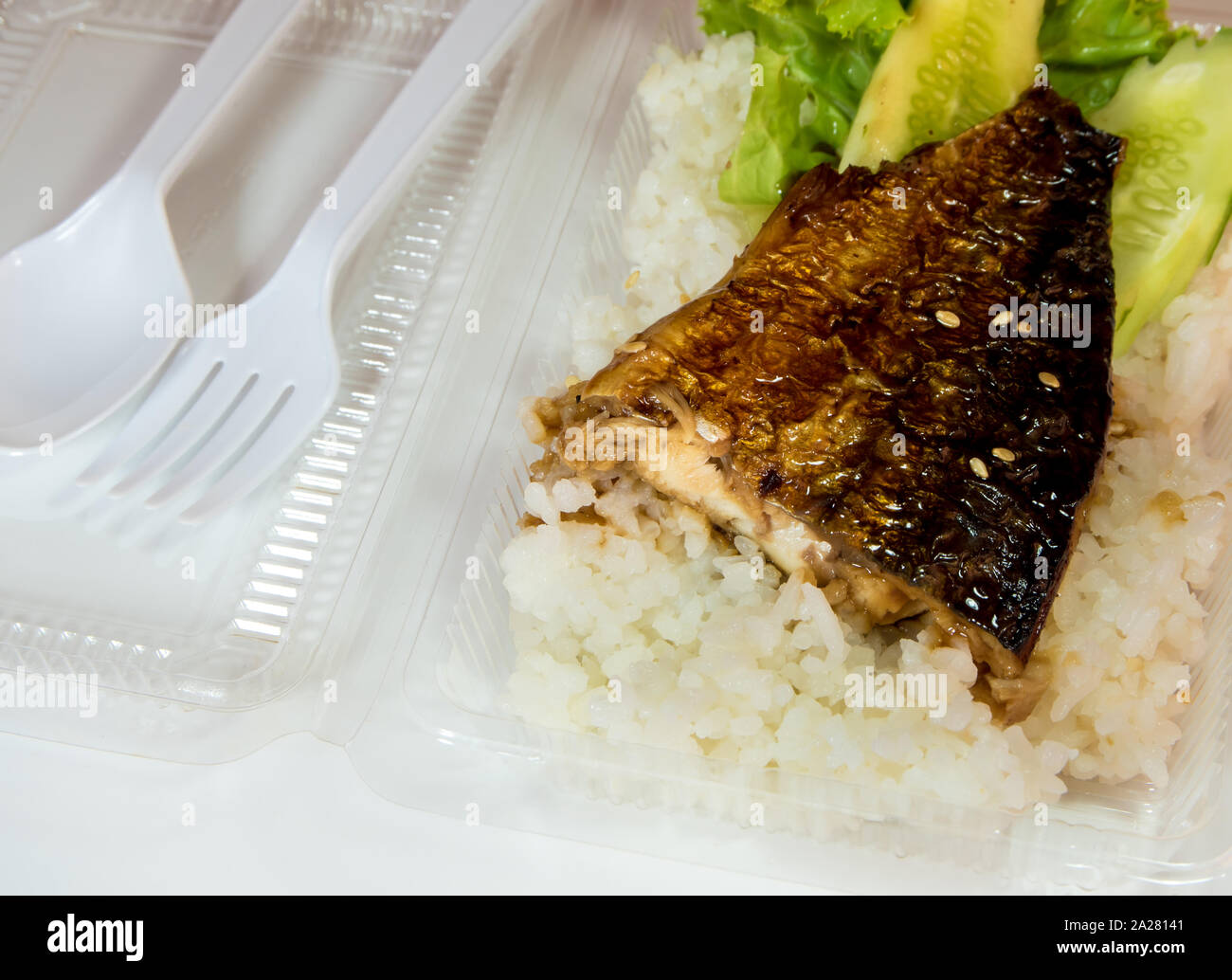Food in plastic box, Grill fish with rice and vetgetable Stock Photo ...