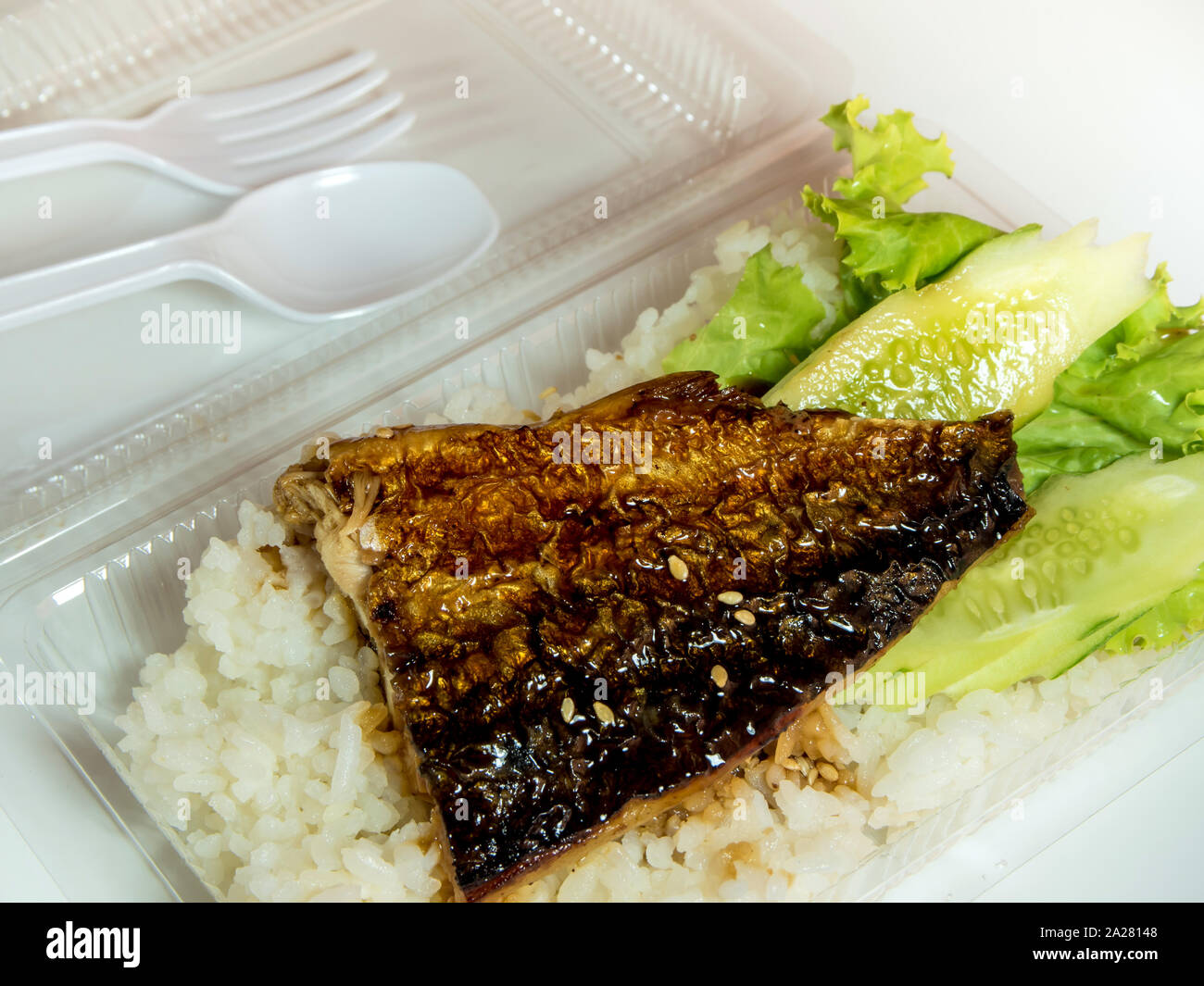 Food in plastic box, Grill fish with rice and vetgetable Stock Photo ...
