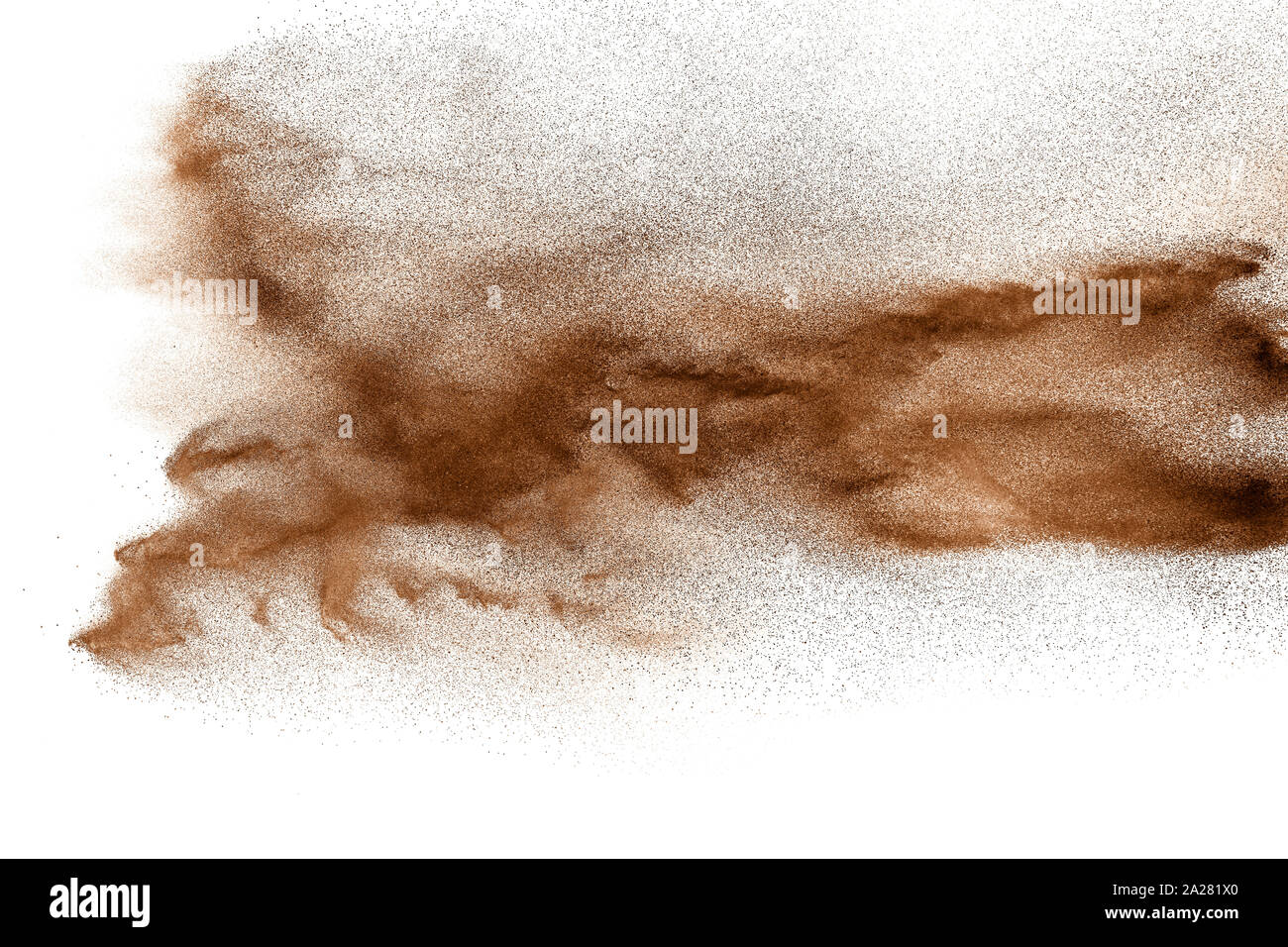 Brown dry river sand explosion isolated on white background. Abstract ...