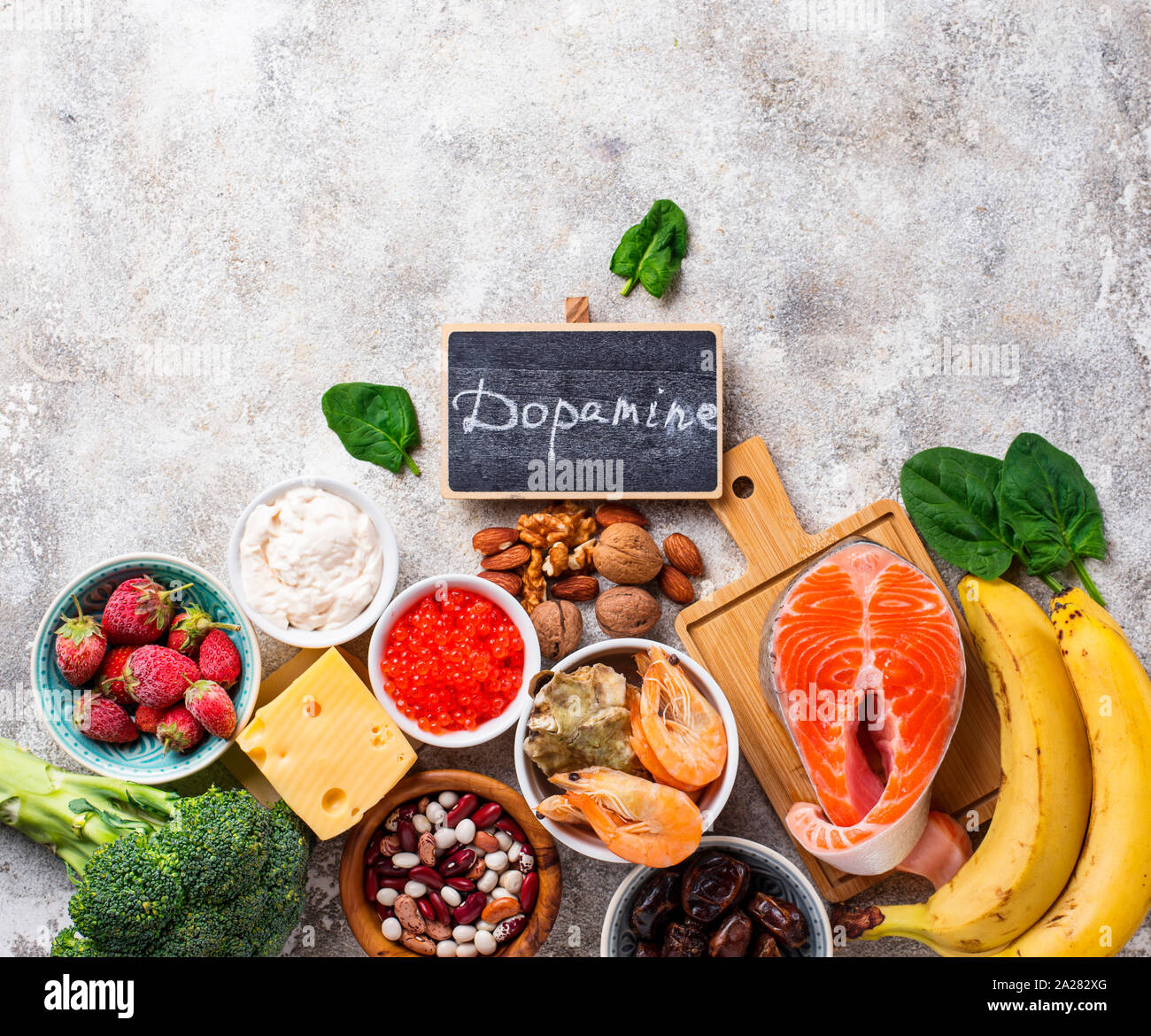 Products sources of hormone dopamine Stock Photo - Alamy