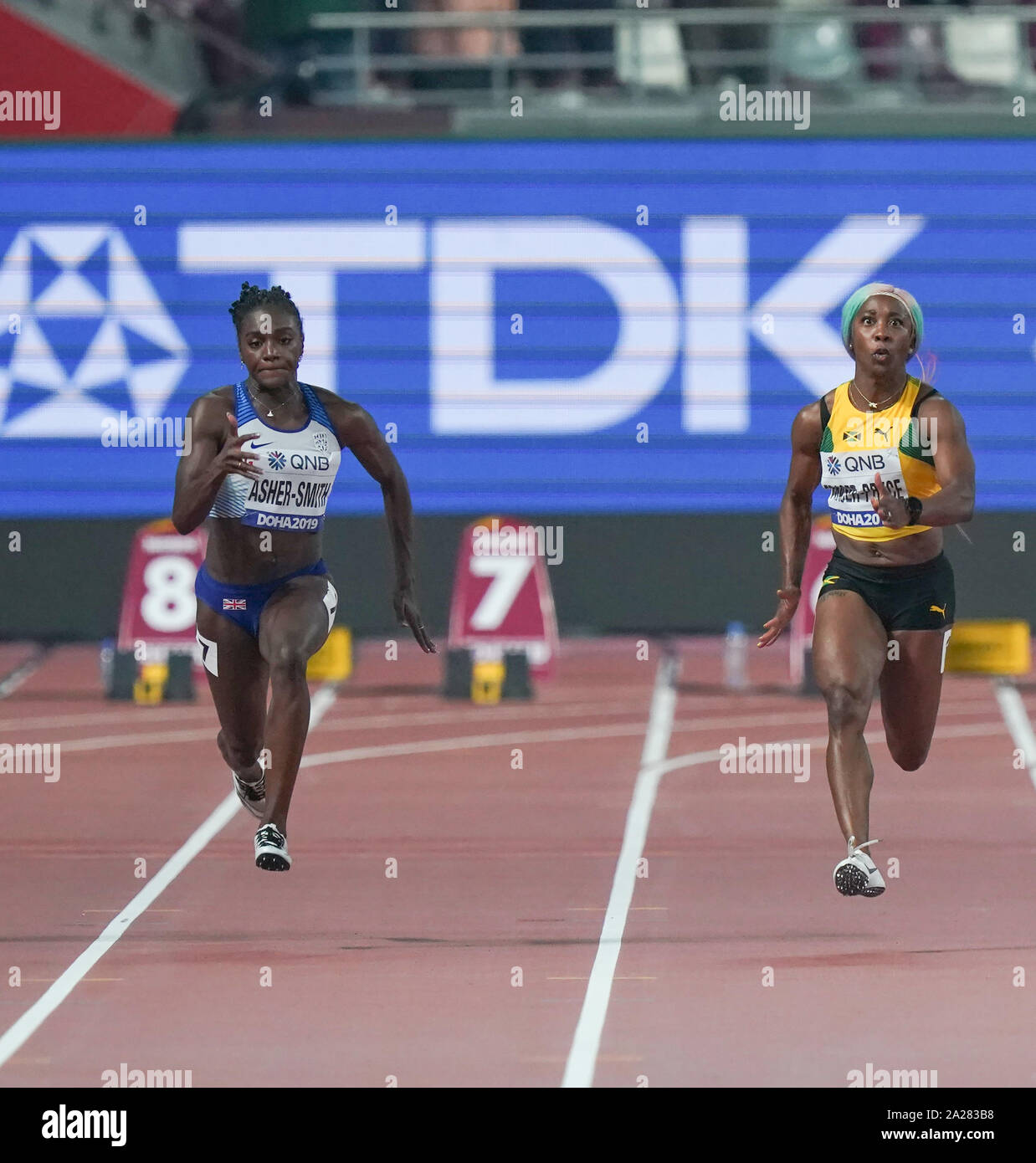 Doha, Qatar. 30th Sep, 2019. Dina Asher-Smith (L) and Shelly-Anne ...