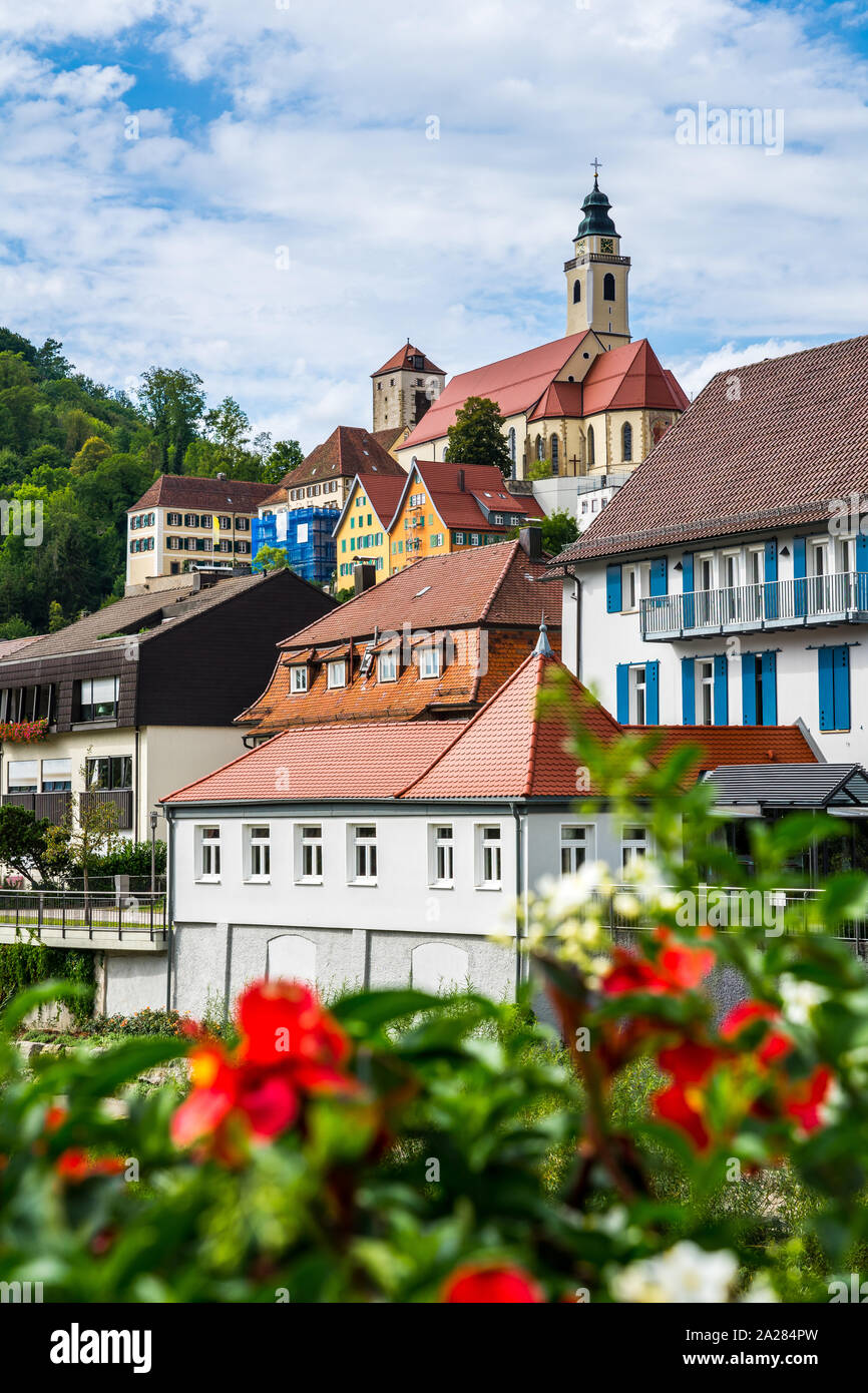 Germany, Beautiful church and old town of city horb am neckar on sunny ...