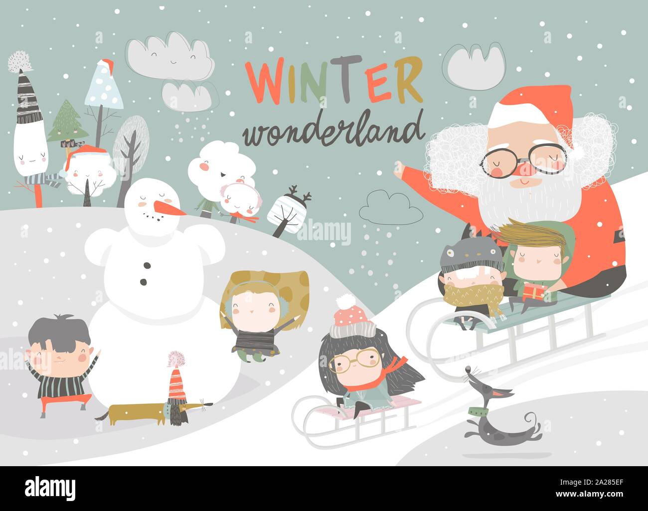 Happy cute kids playing winter games with Santa Claus. Hello winter ...