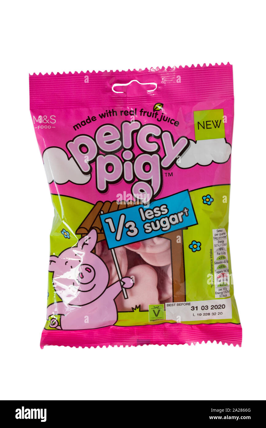 Bag of M&S Percy Pig sweets with 1/3 third less sugar soft fruit flavour gums made with real ...