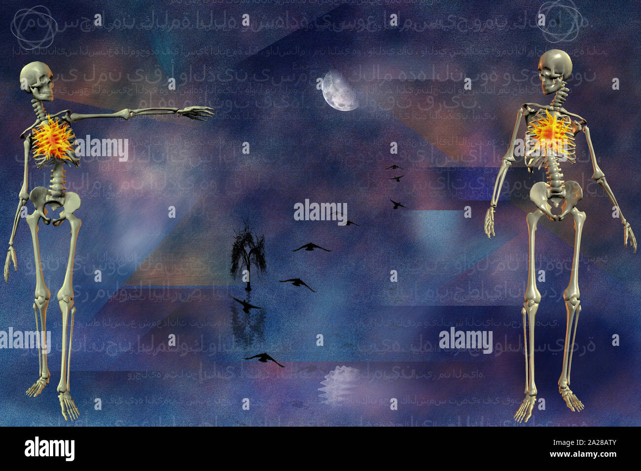 The way to Eternity. Spiritual composition with skeletons and atoms ...