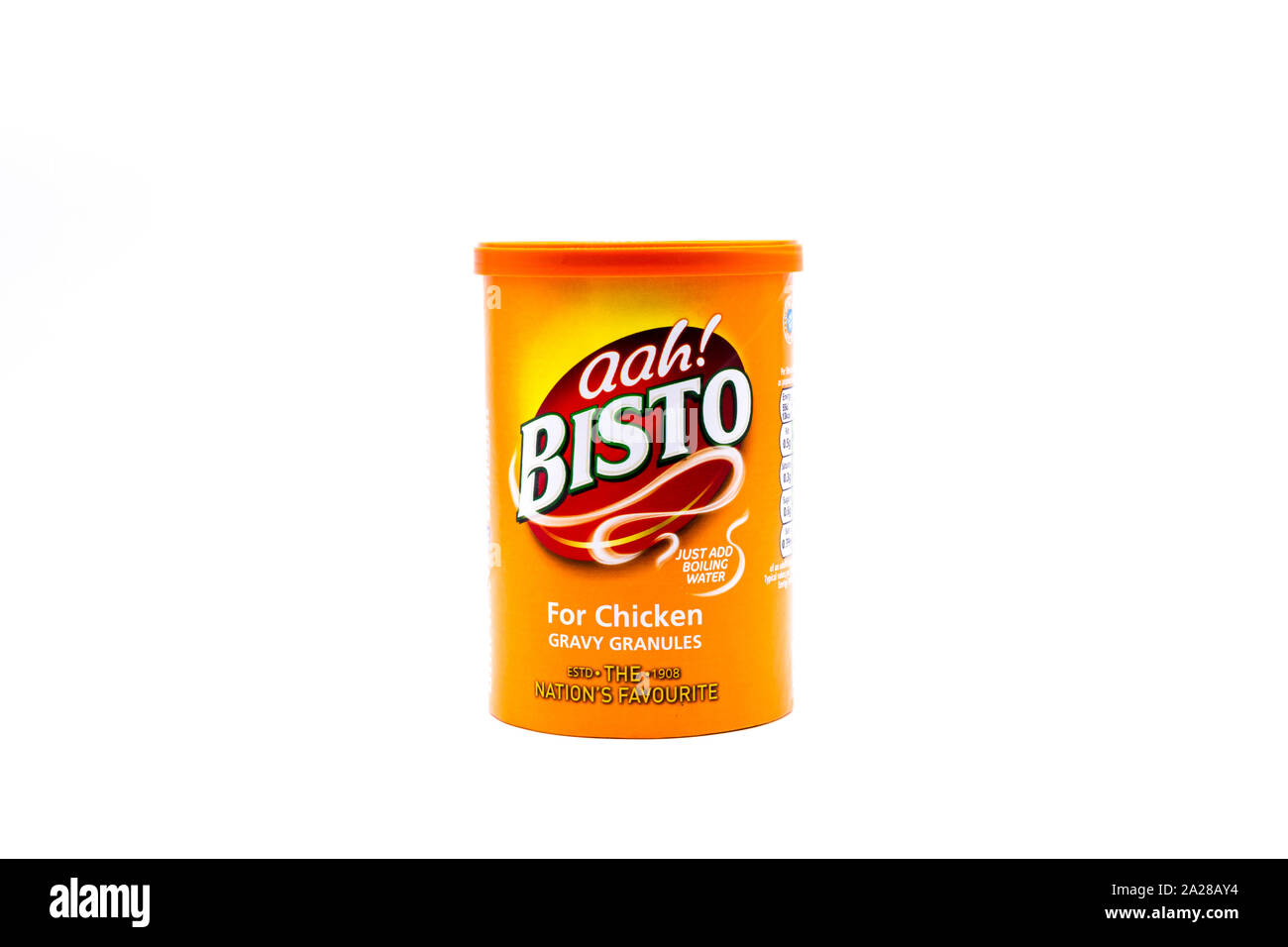 Carton of chicken Bisto gravy granules isolated on white background. UK ...