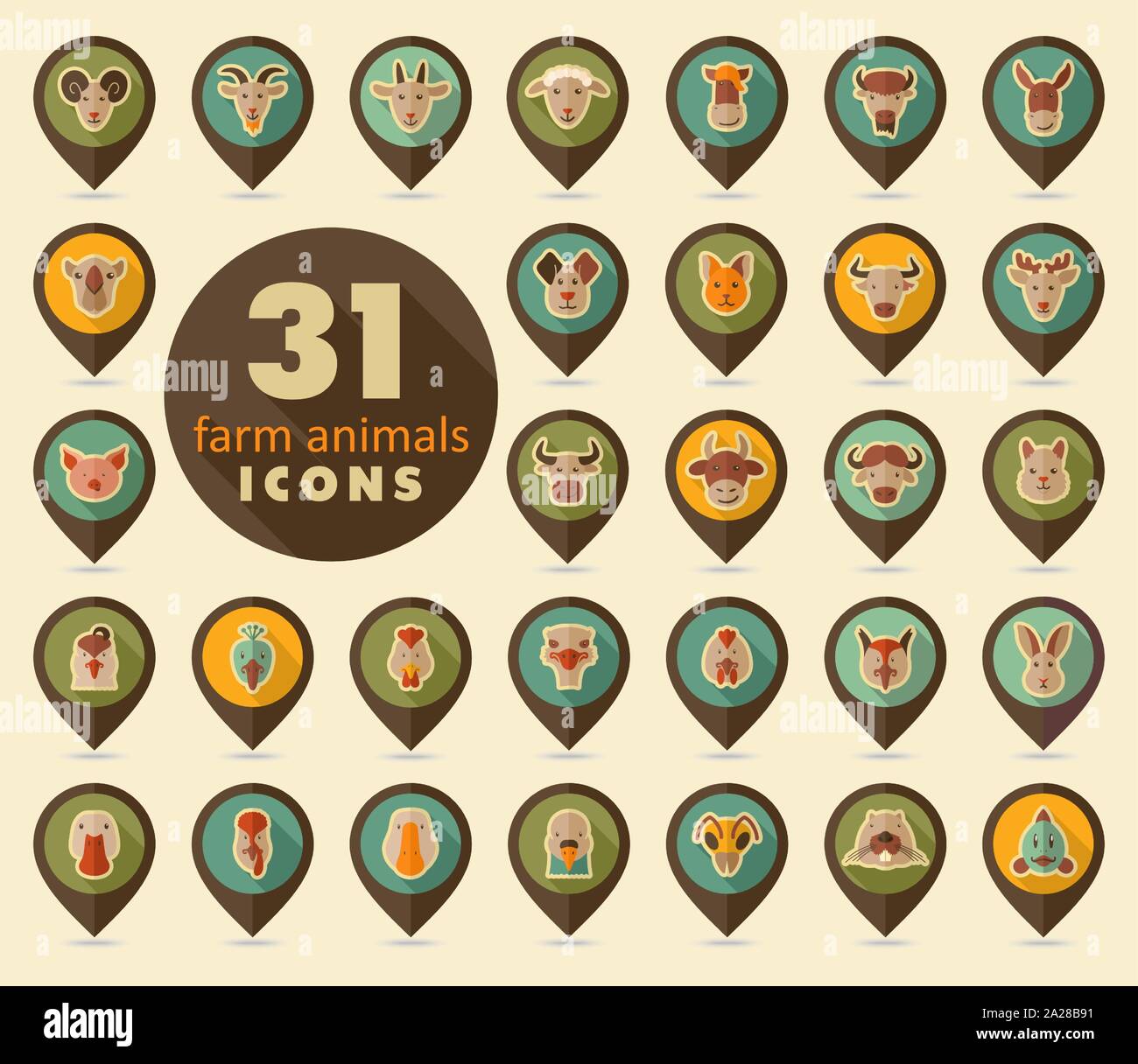Set of farm animals flat pin map icon. Map pointer. Map markers. Animal ...