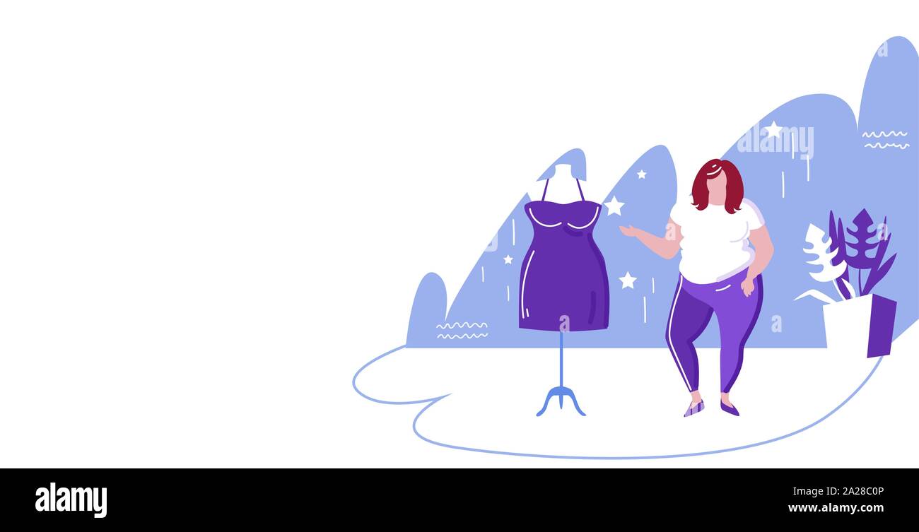 fat overweight woman choosing new dress in fashion shop over size girl ...
