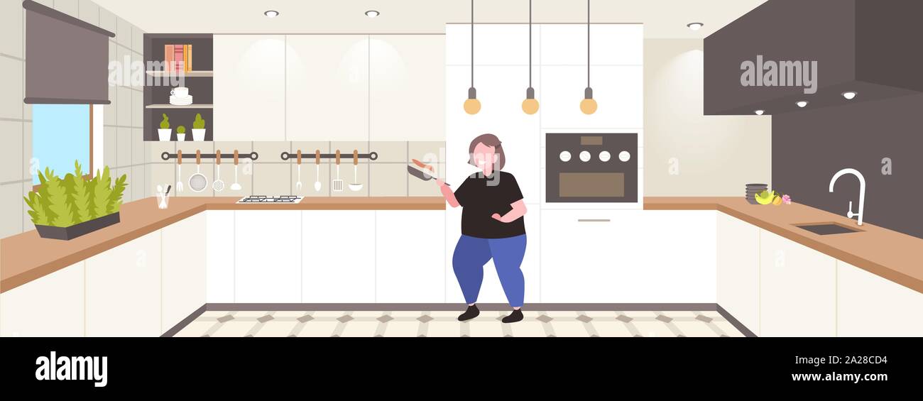fat obese woman cooking pancakes in frying pan unhealthy nutrition ...